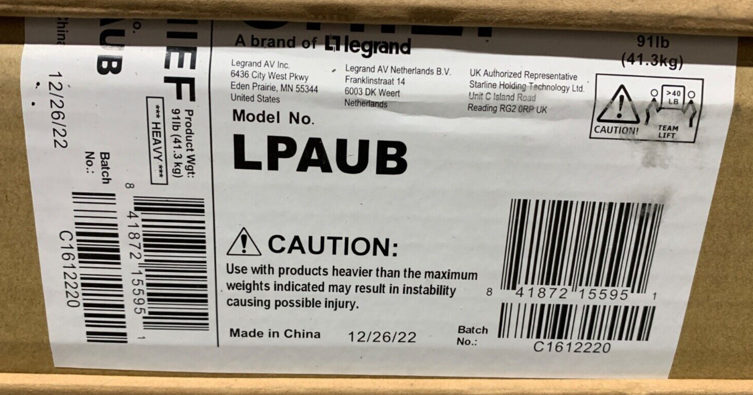 Chief LPAUB Series Large Fusion Manual Height Adjustable Mobile AV Car ...