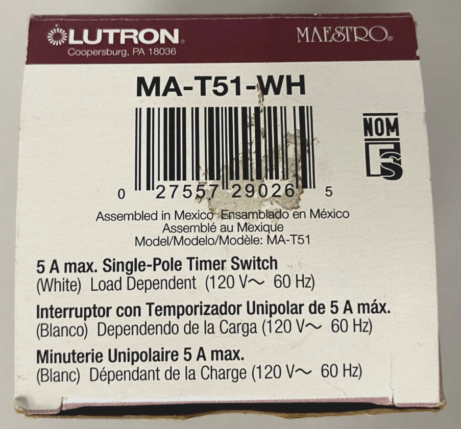 Lutron Maestro MA-T51-WH Single Pole Timer Switch – LPAV