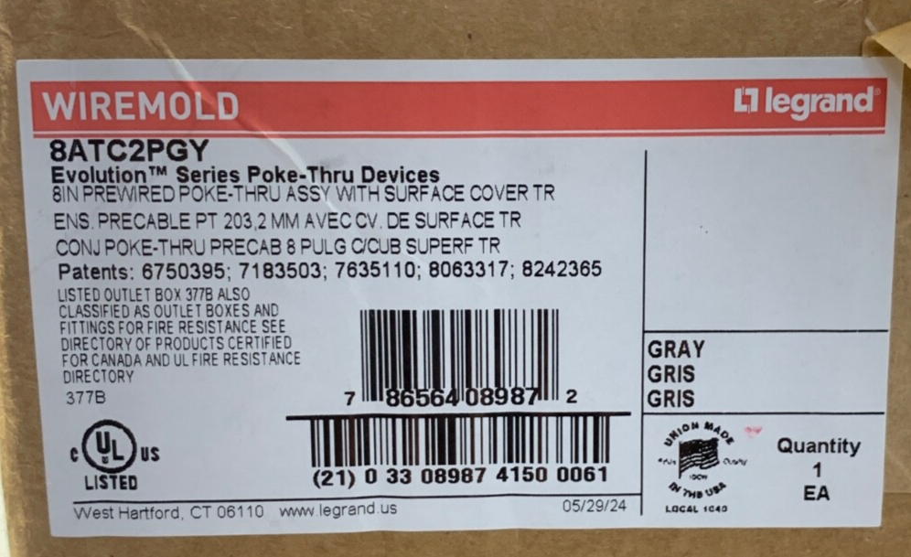 WIREMOLD 8ATC2PGY 8" Evolution Series Prewired Poke Thru Device with C ...